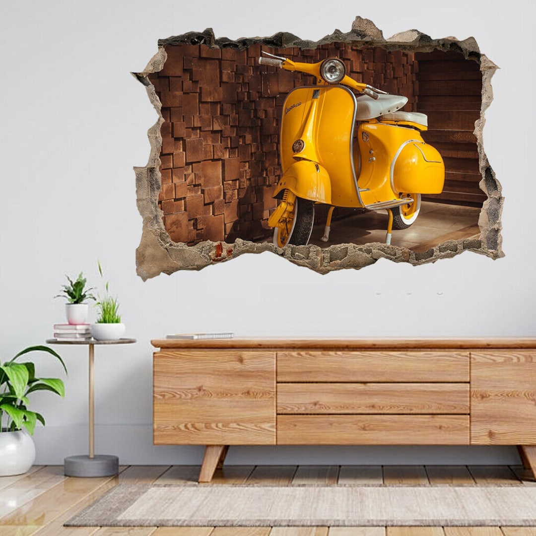Yellow Vespa Parking Wooden Wall 3d Smashed View Wall Sticker Poster ...