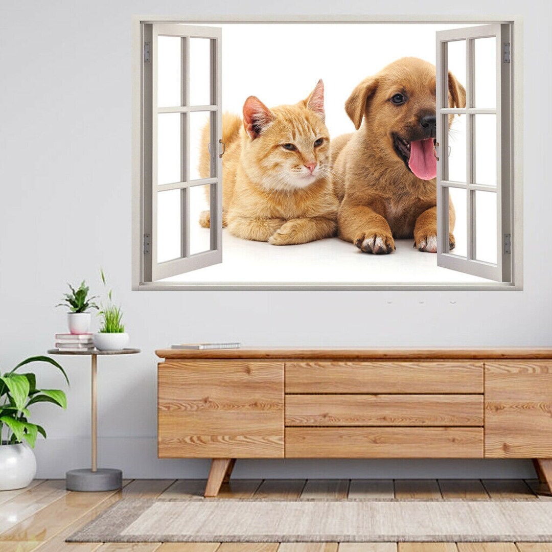 Cat and Dog Isolated 3d Window View Wall Sticker Poster Decal A980 - Etsy