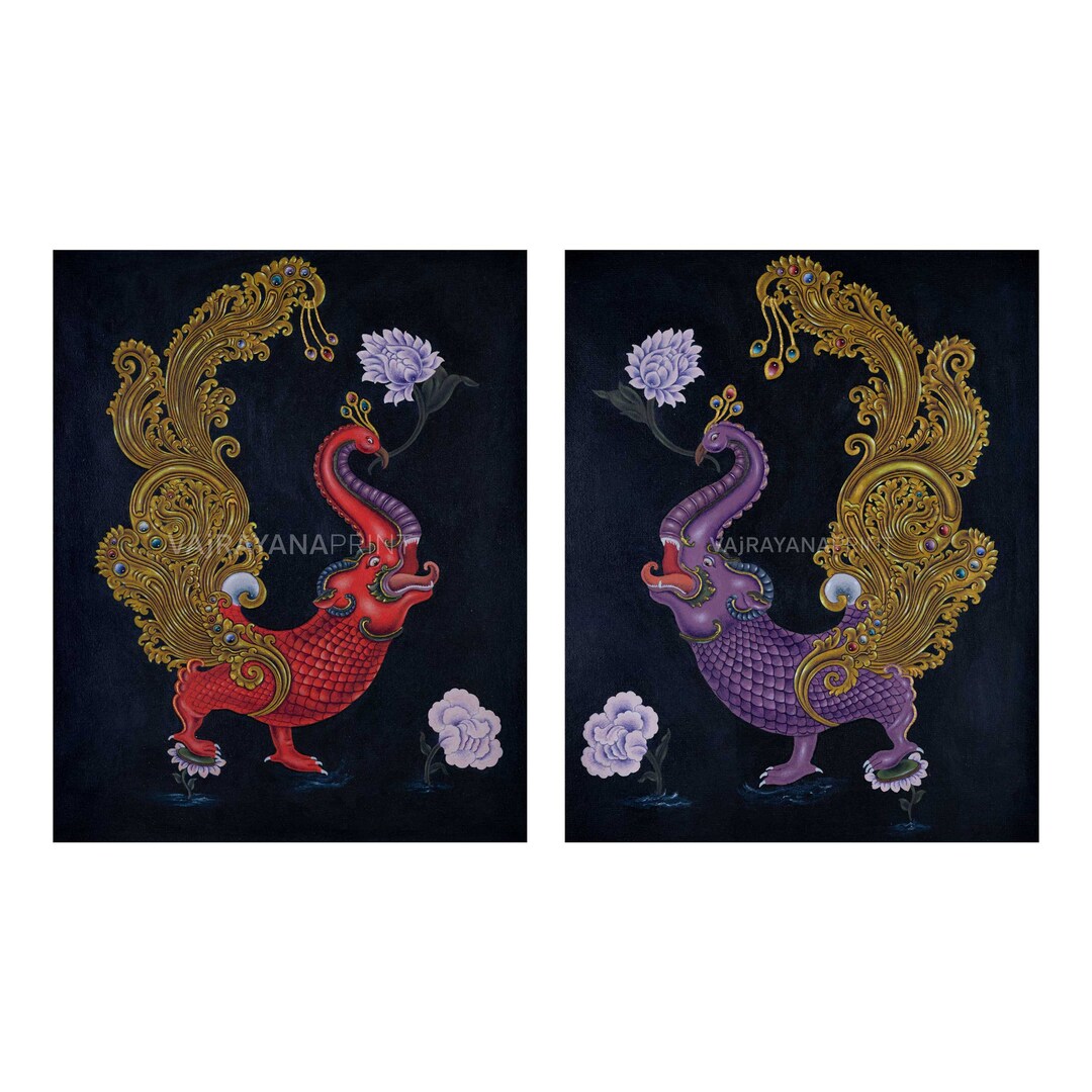 Makara Majesty: Twin Thangka Prints of Mythic Serpent Guardians, High ...