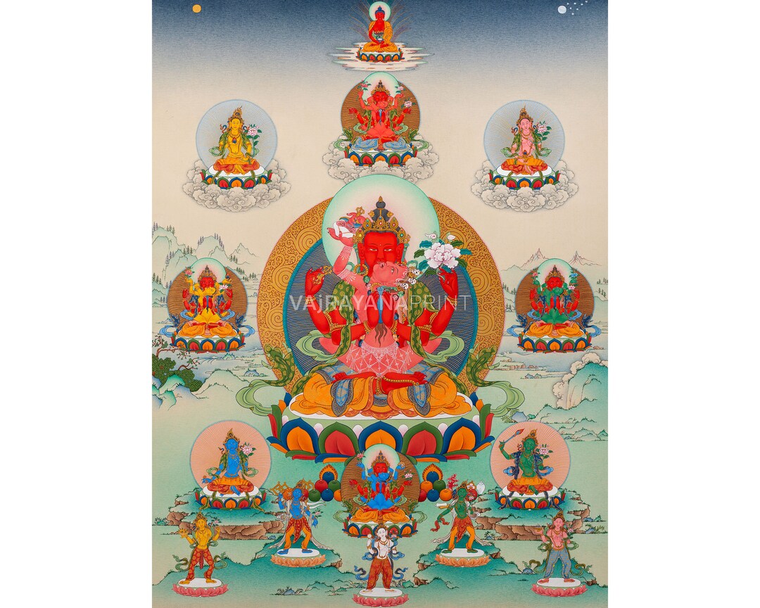 Thangka Print of Yidam Gyalwa Gyatso Surrounded by Retinue and Dakinis ...