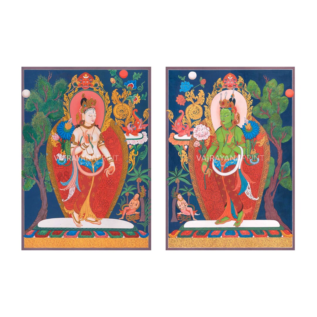 Mesmerizing Tara Thangka Prints Set, Combo Canvas of Standing Goddess ...