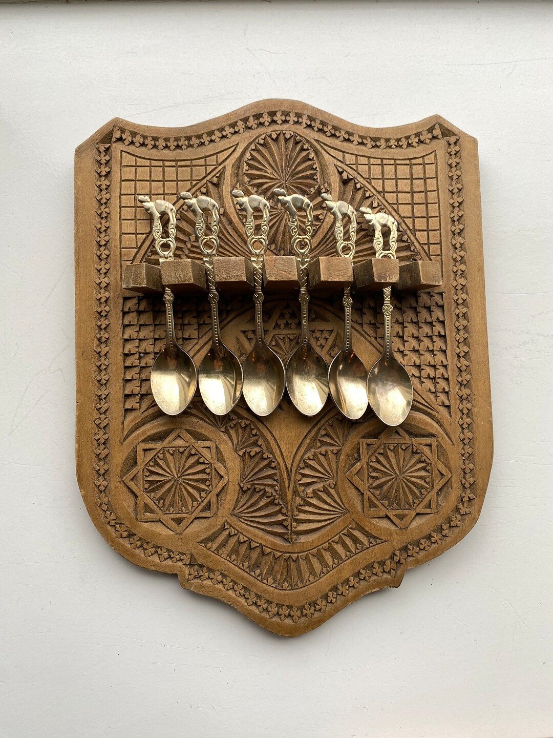 Set of 6 Gold Plated Camel Spoons With Wood Carved Wall Plate - Etsy UK