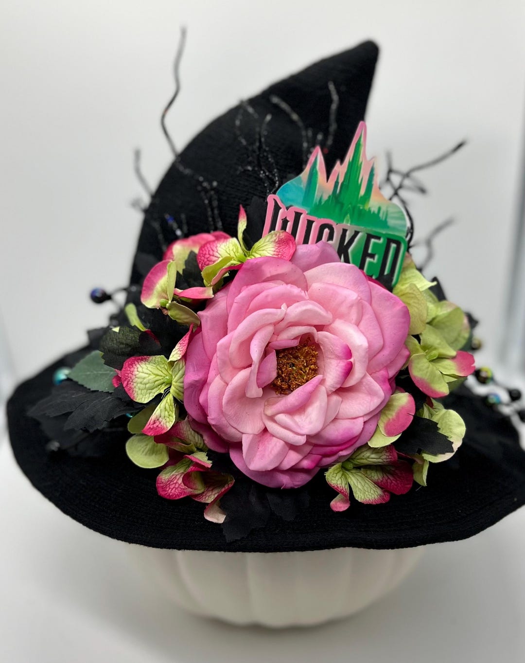 Wicked Inspired Knit Witch Hat: Pink & Green Silk Flowers - Etsy