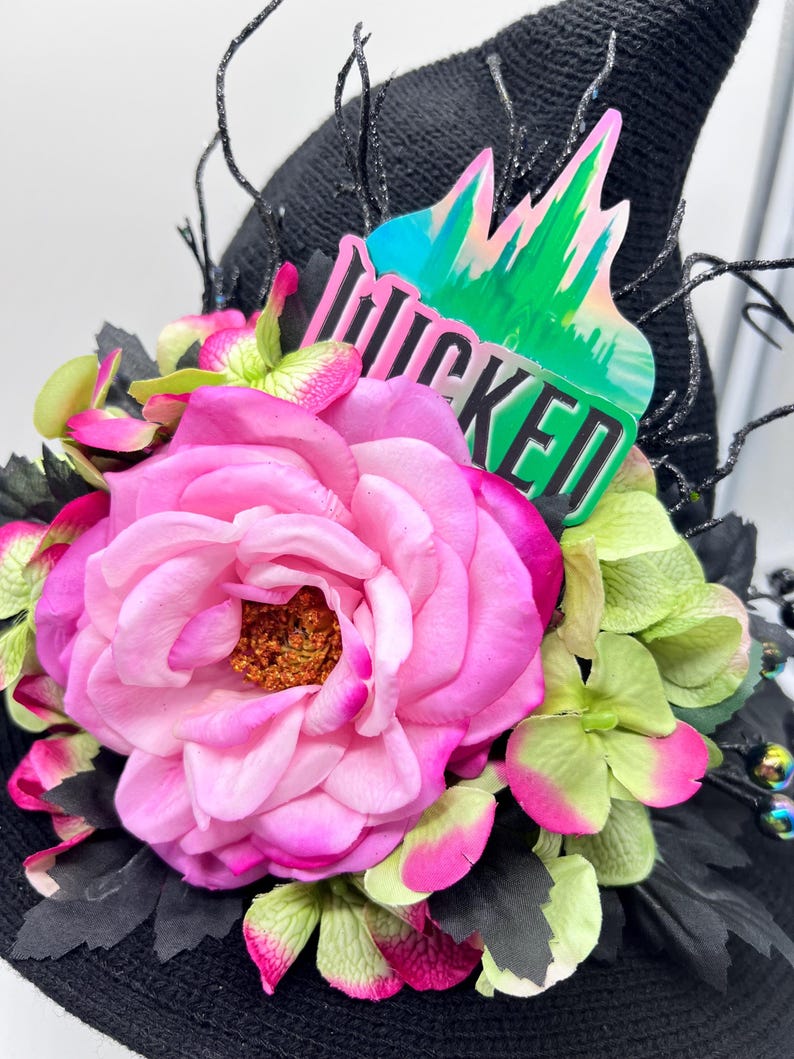 Wicked Inspired Knit Witch Hat: Pink & Green Silk Flowers - Etsy