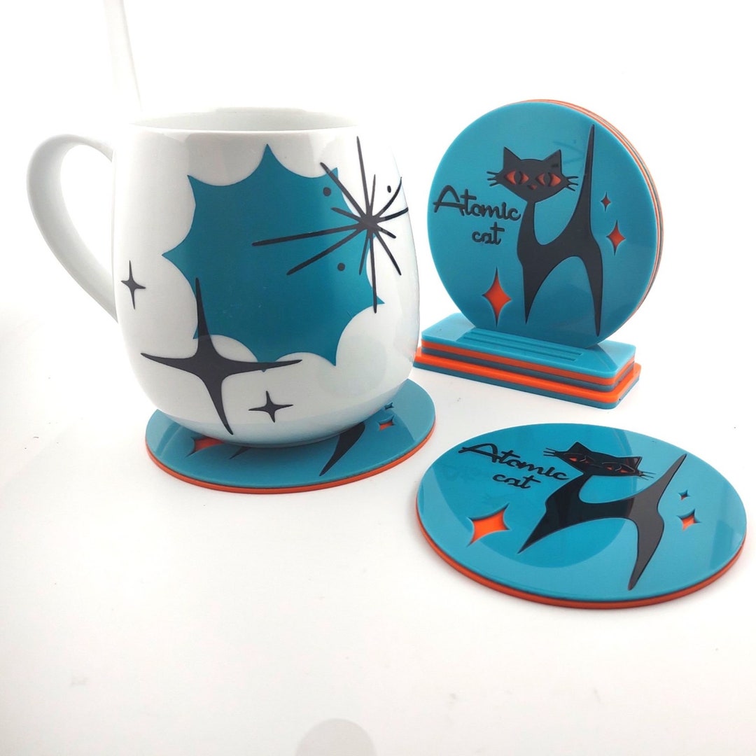 Atomic Cat Retro Mid Century Modern 'set of 4' Acrylic Drink Coasters W ...