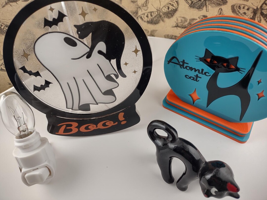 Halloween Ghost & Black Cat Night Light: Reverse Painted Snow Globe ...