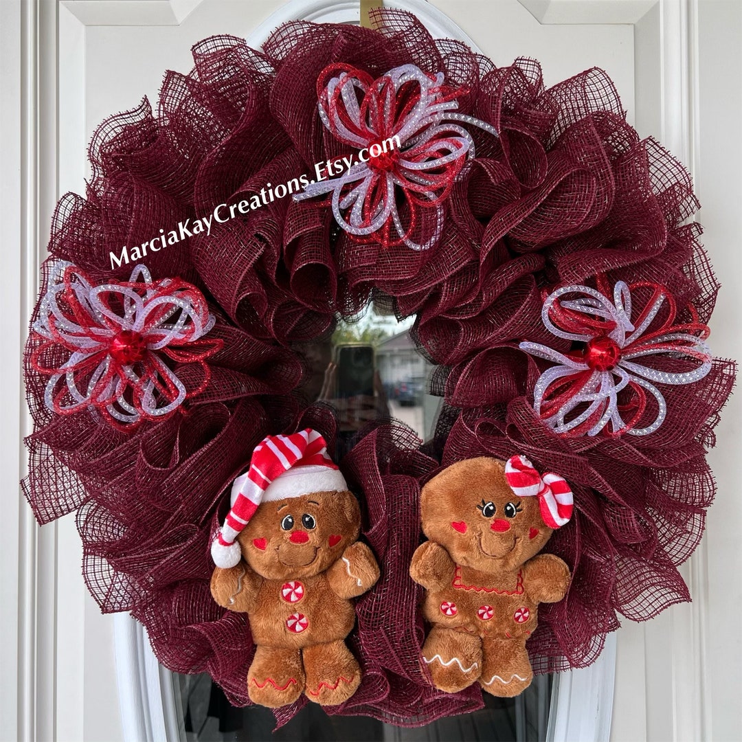 Handmade Gingerbread Christmas Wreath: Burgundy Mesh, Stuffed ...
