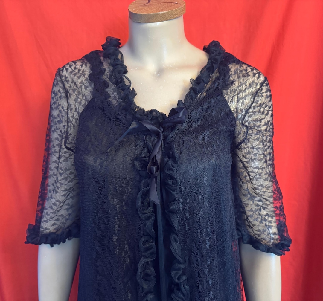 Vintage Slinky Black Peignoir Two Piece Set Slight Sweep to Robe - Etsy