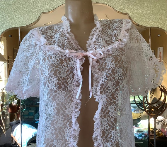 Pink sheer nylon lace Peignoir robe Night Rose - Gem