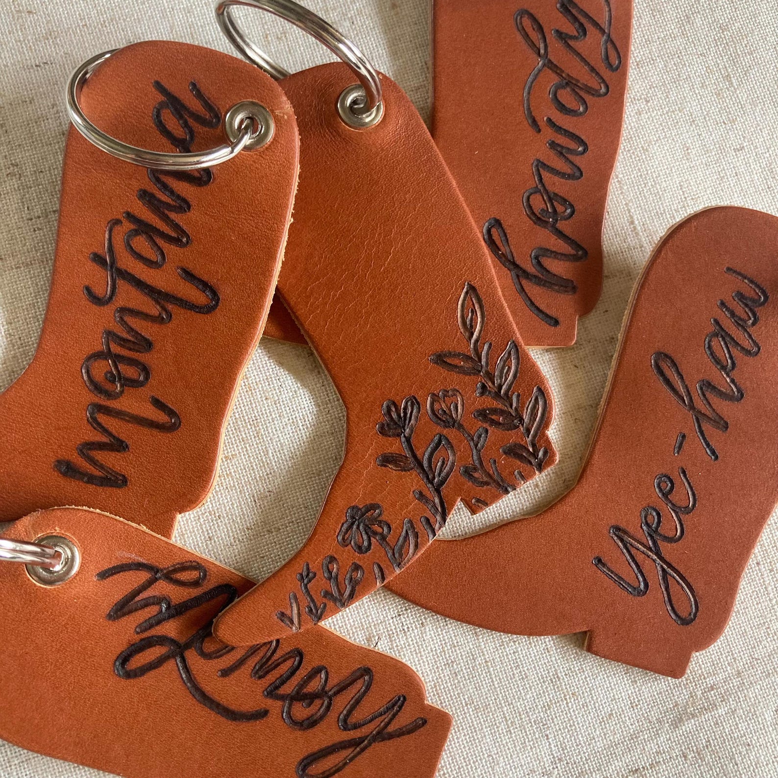 Western Leather Keychain, Montana Souvenir, Custom Wood Burning Key ...