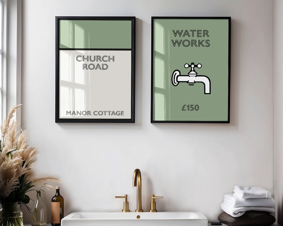 Set of 2 Custom Monopoly Print and Waterworks, Monopoly Wall Art Poster ...