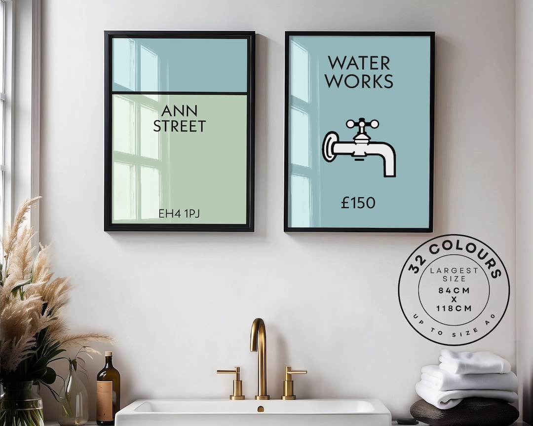 Set of 2 Personalised Monopoly Print and Waterworks, Monopoly Wall Art ...