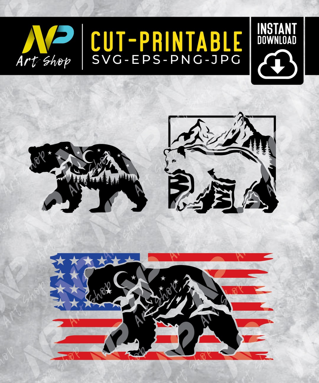 Bear Bundle SVG Bear SVG Bear Mountain With Flag Forest - Etsy