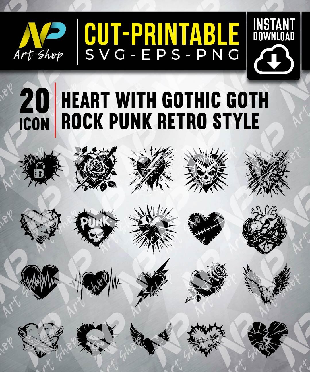 Gothic Punk Heart Icon Set: Retro Valentine SVG, ESP, PNG (digital ...