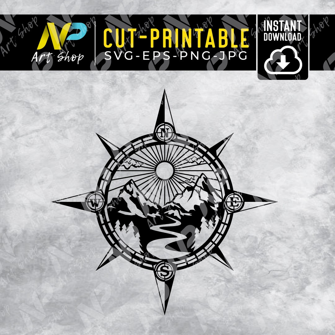 Mountains Compass, Pine Trees, Cool Compass Svg, Sun and Cloud, Hiker ...