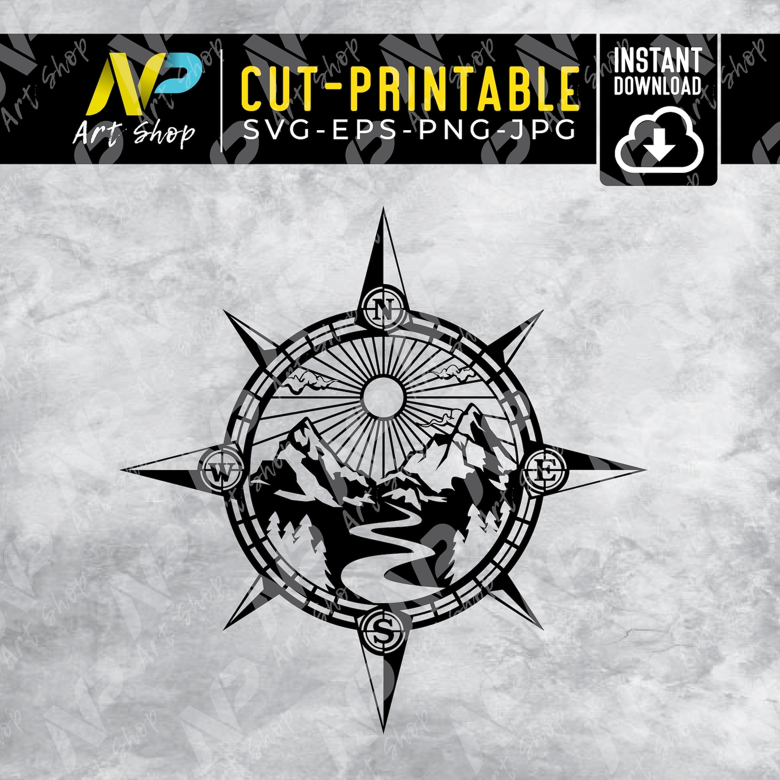 Mountains Compass, Pine Trees, Cool Compass Svg, Sun and Cloud, Hiker ...