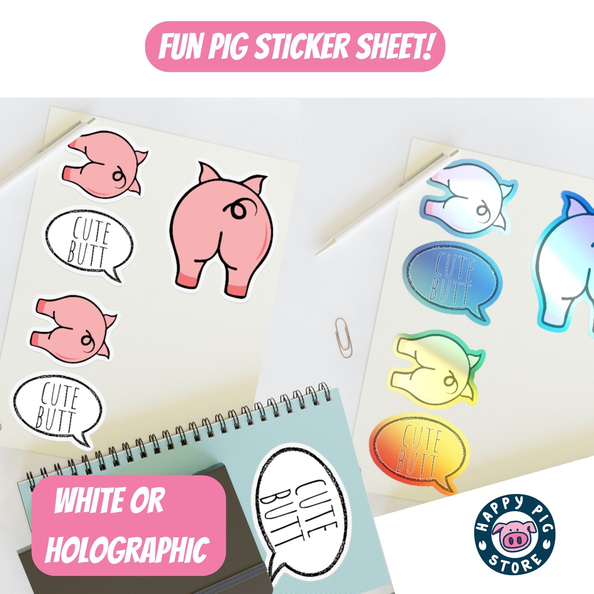 Cute Butt Pig Sticker Sheet 6 Stickers White or - Etsy