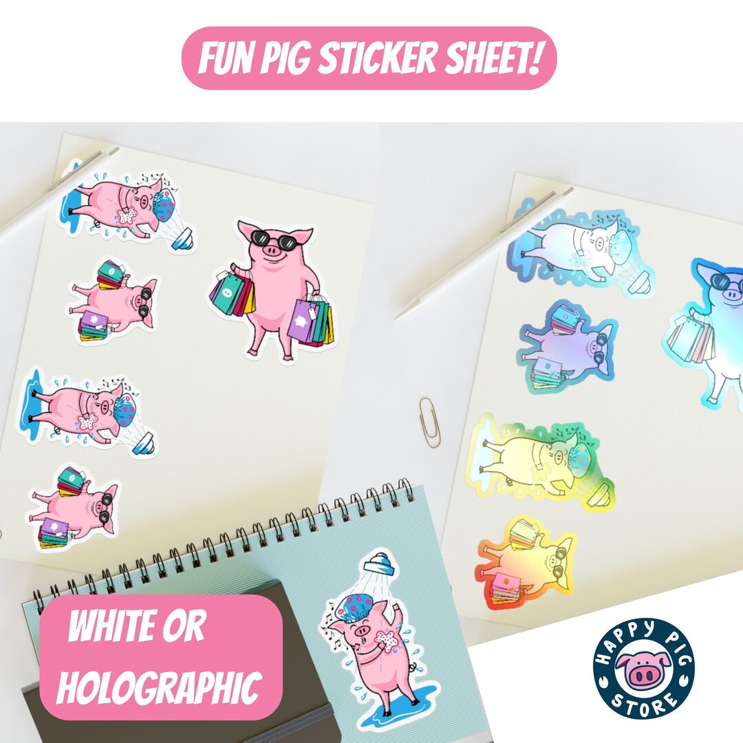 Fun Pig Sticker Sheet - Shopping Pig and Showering Pig - 6 Stickers ...