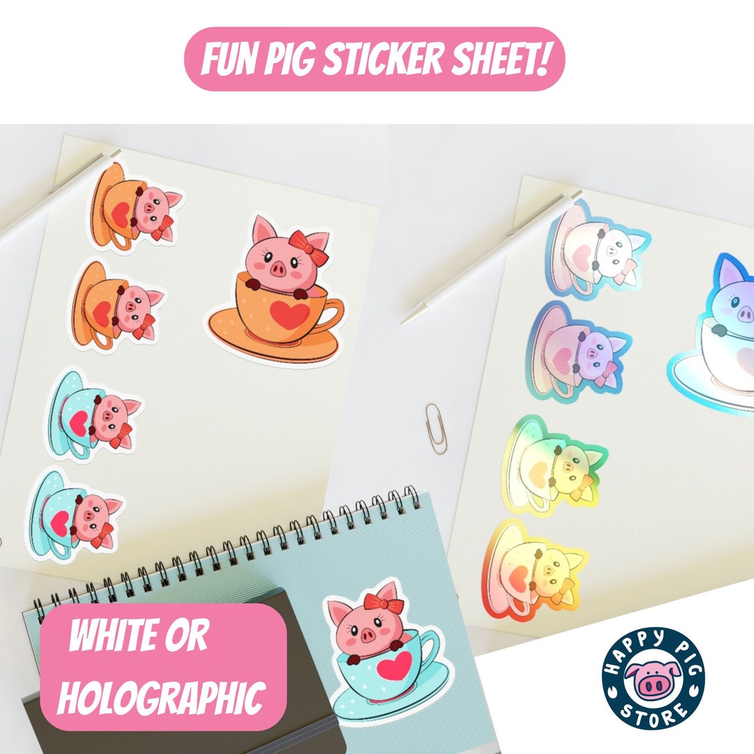 Cute Pig in Teacup Sticker Sheet - 6 Stickers - White or Holographic ...