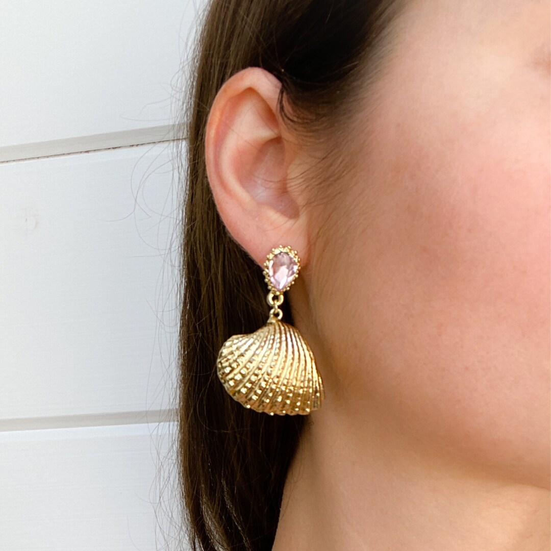Gold Shell Earrings, Scallop Shell Earrings, Gold Hanging Earrings ...