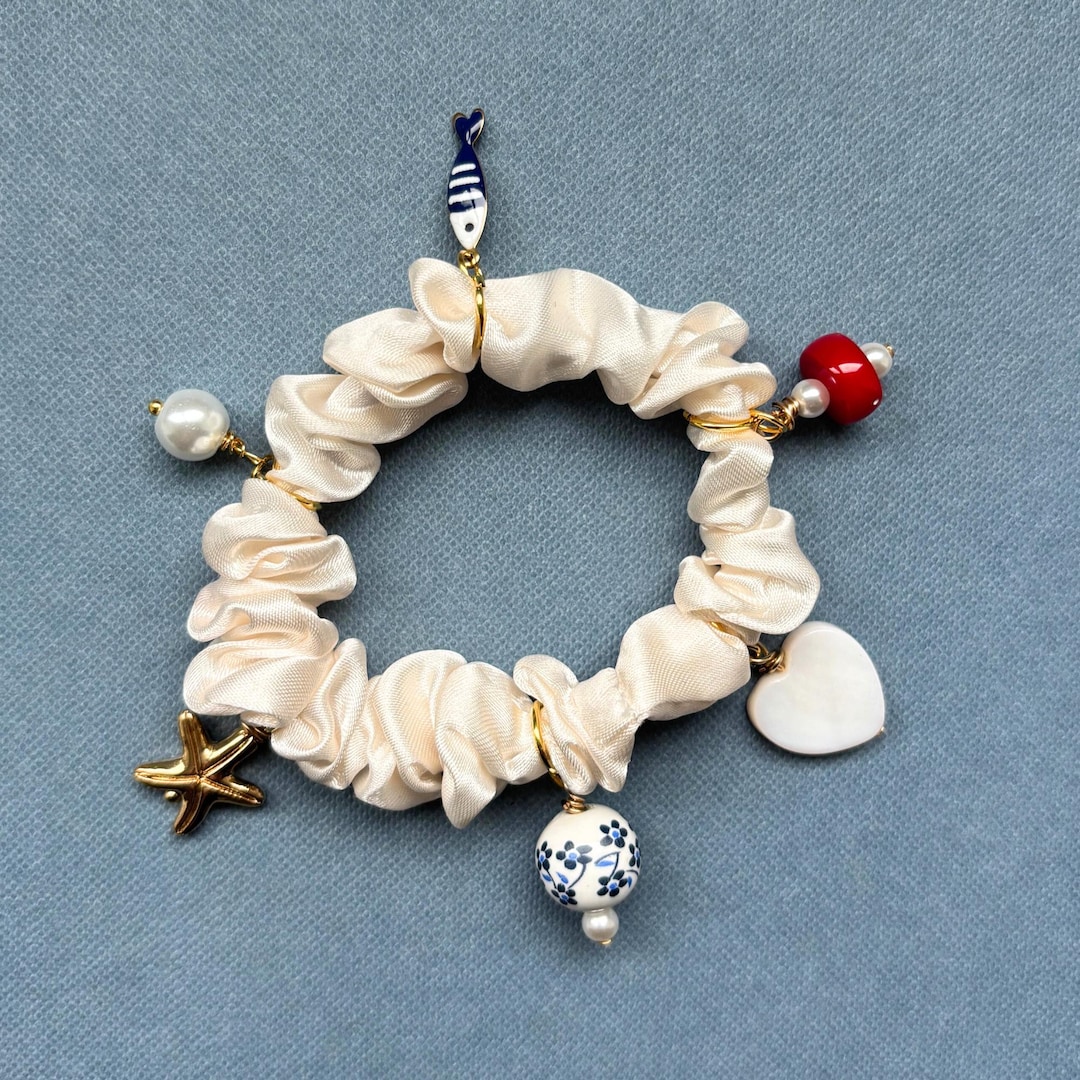 Nautical Charm Scrunchie: Pearl & Ceramic Beaded Hair Tie - Etsy