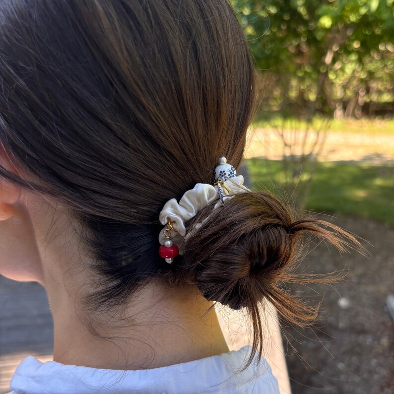 Nautical Charm Scrunchie: Pearl & Ceramic Beaded Hair Tie - Etsy