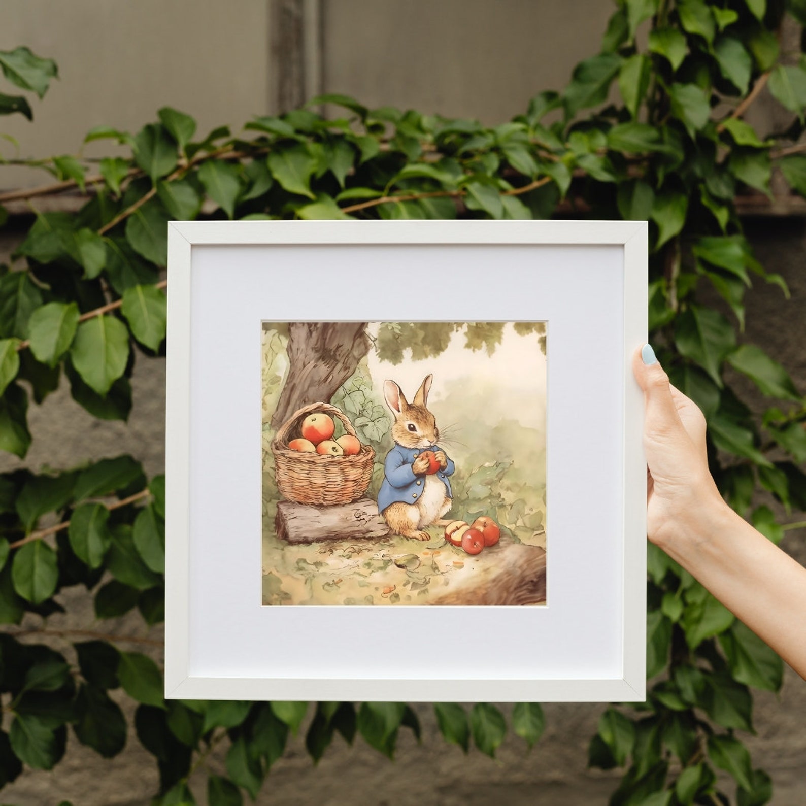 Bunny Rabbit Picking Apples Art Print, Softness Wall Printable ...