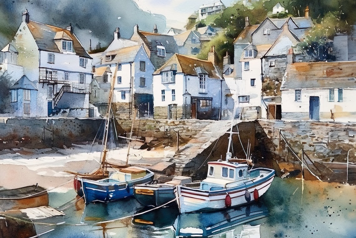 Cornwall Watercolor Illustration Print, Polperro Harbour Cornish ...