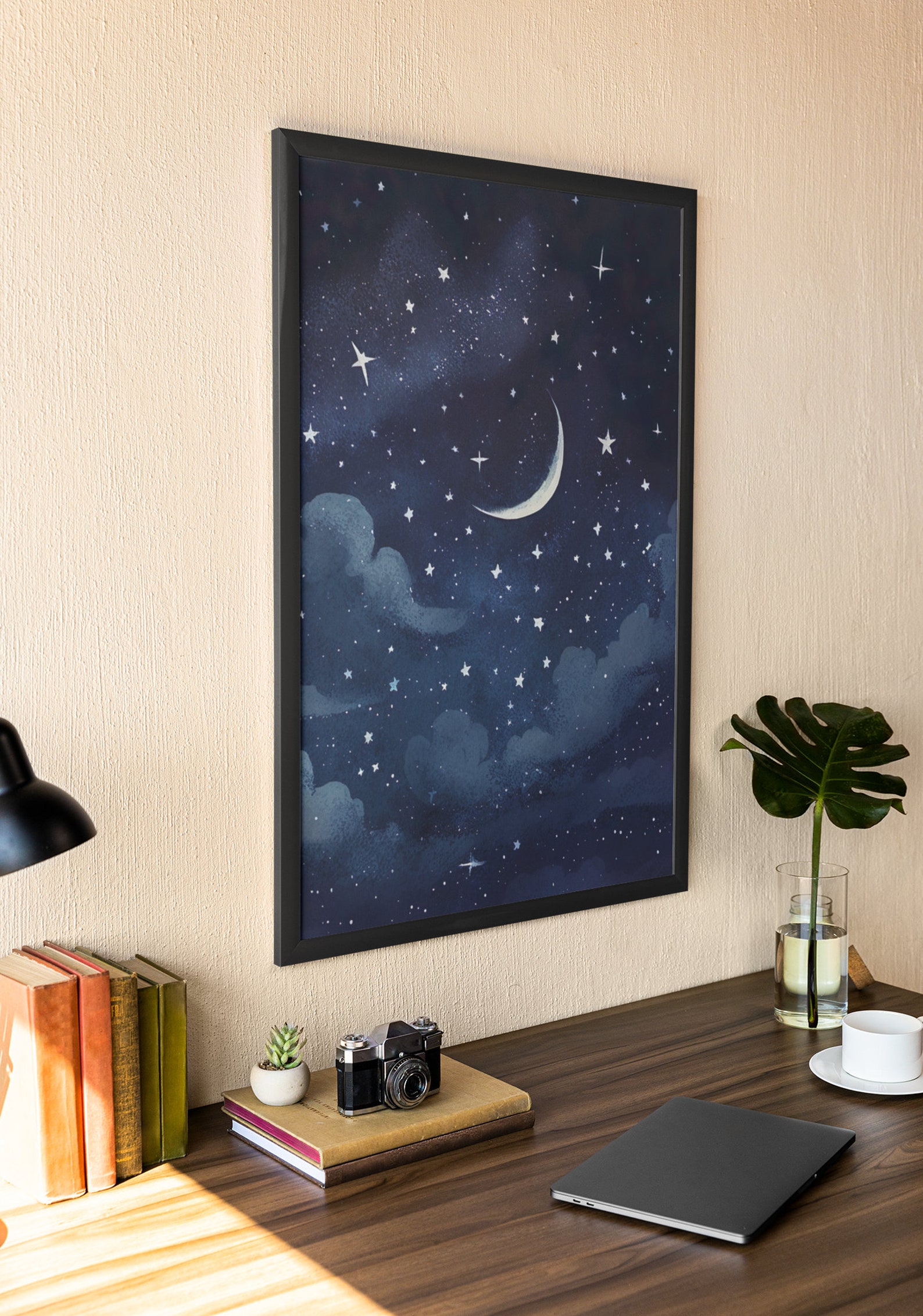 Watercolor Night Sky Decor, Nursery Starry Night Wall Art, Crescent ...