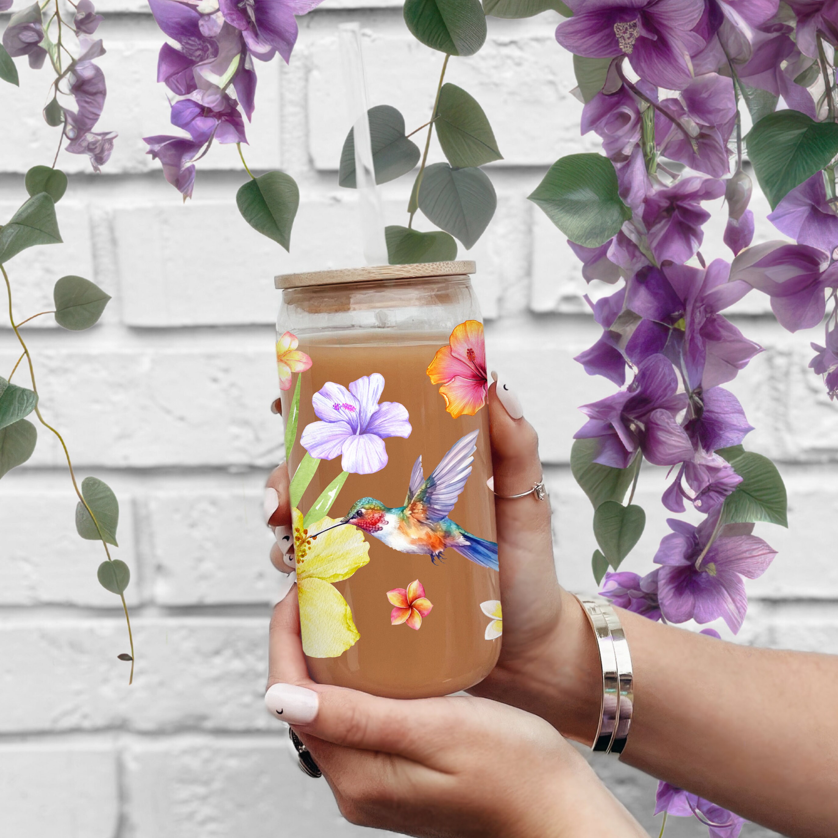 Hibiscus Flower Iced Coffee Cup, 16oz Glass Sipper Cup, Soda Can Glass ...