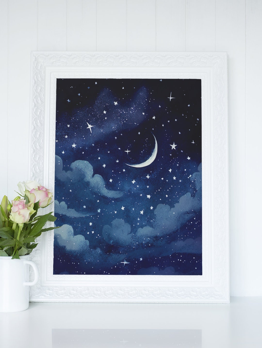 Watercolor Night Sky Decor, Nursery Starry Night Wall Art, Crescent ...