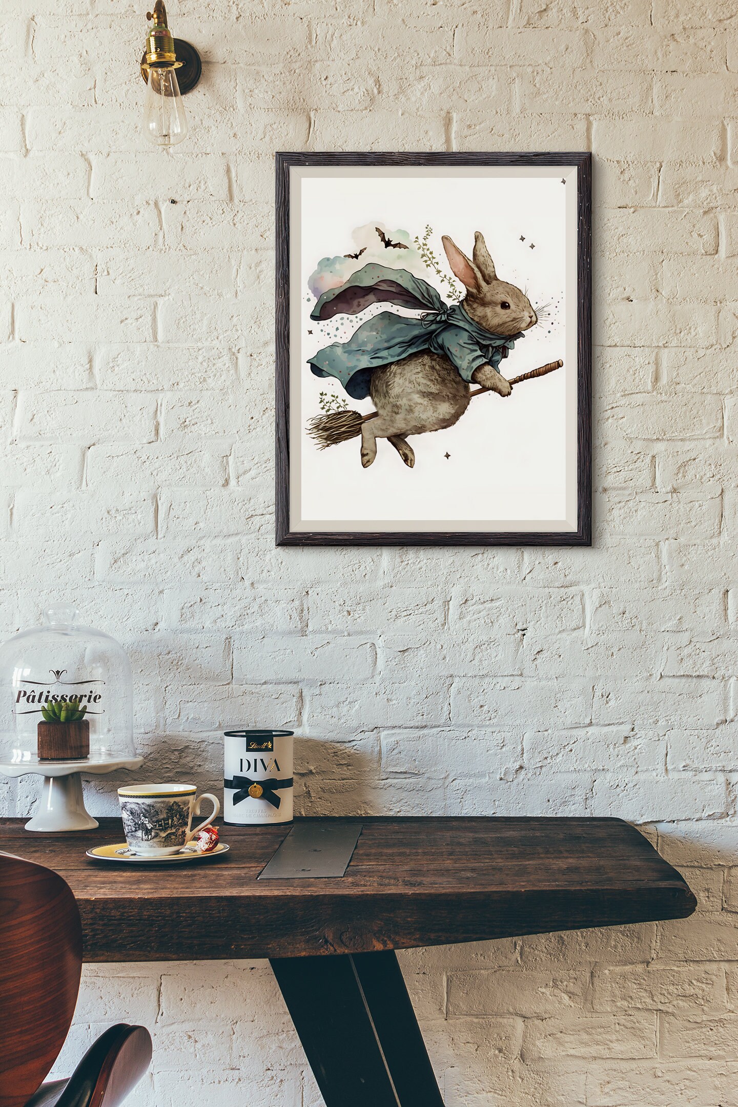 Bunny Rabbit Witch on a Broomstick Wall Art Whimsical - Etsy