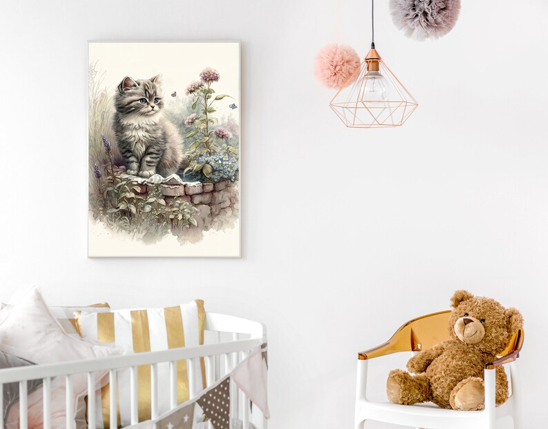 Kitten in the Flower Garden Art Print, Nursery Wall Decor, Cottagecore ...
