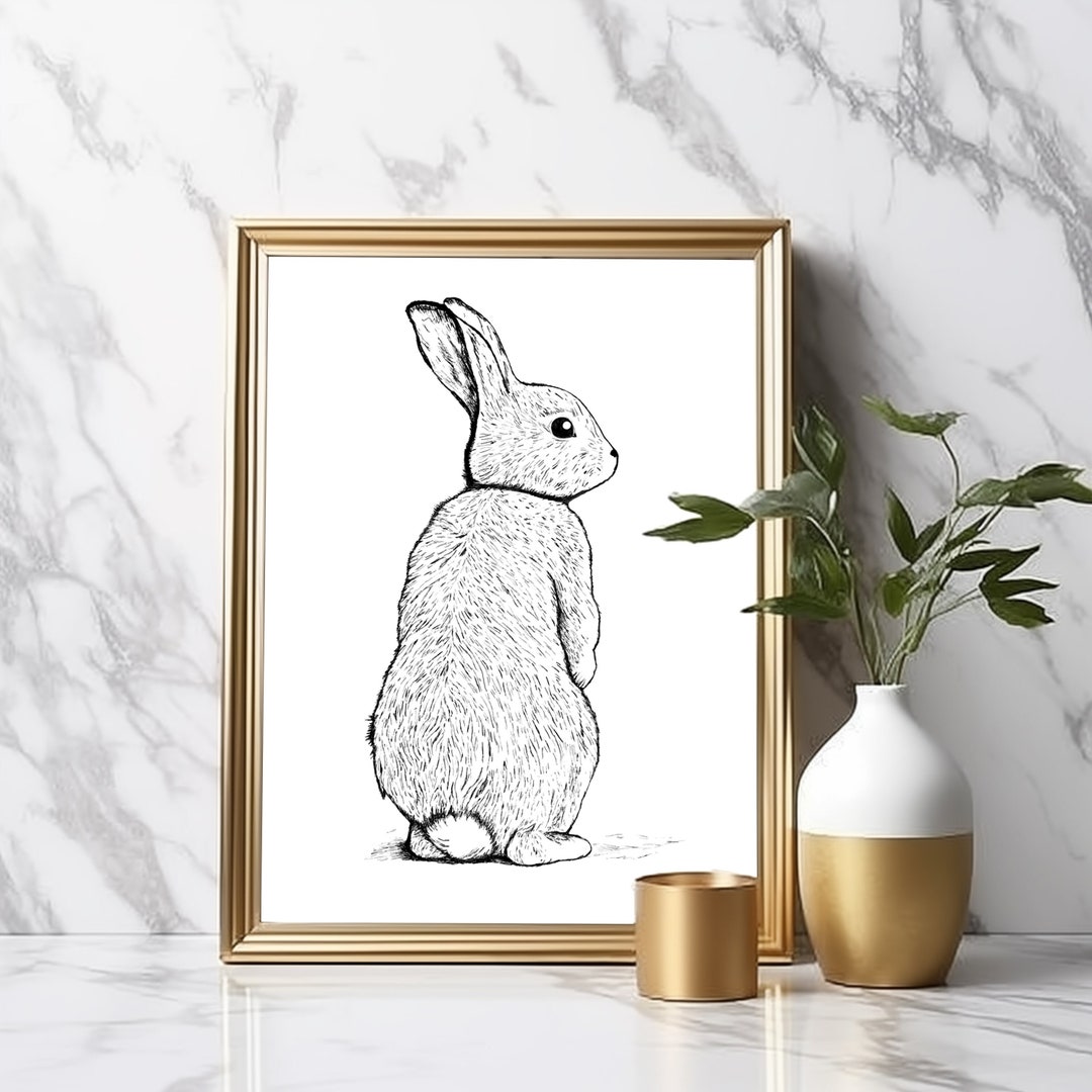 Back of Bunny Rabbit Ink Sketch Wall Art, Rabbit Black Ink Illustration ...