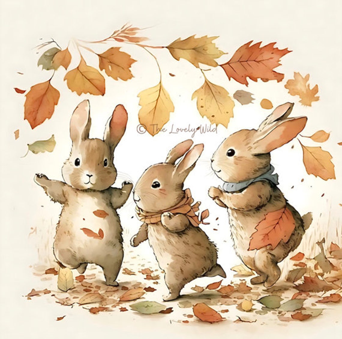 Autumnal Bunny Rabbits Fall Leaves Wall Art, Softness Nursery Art ...