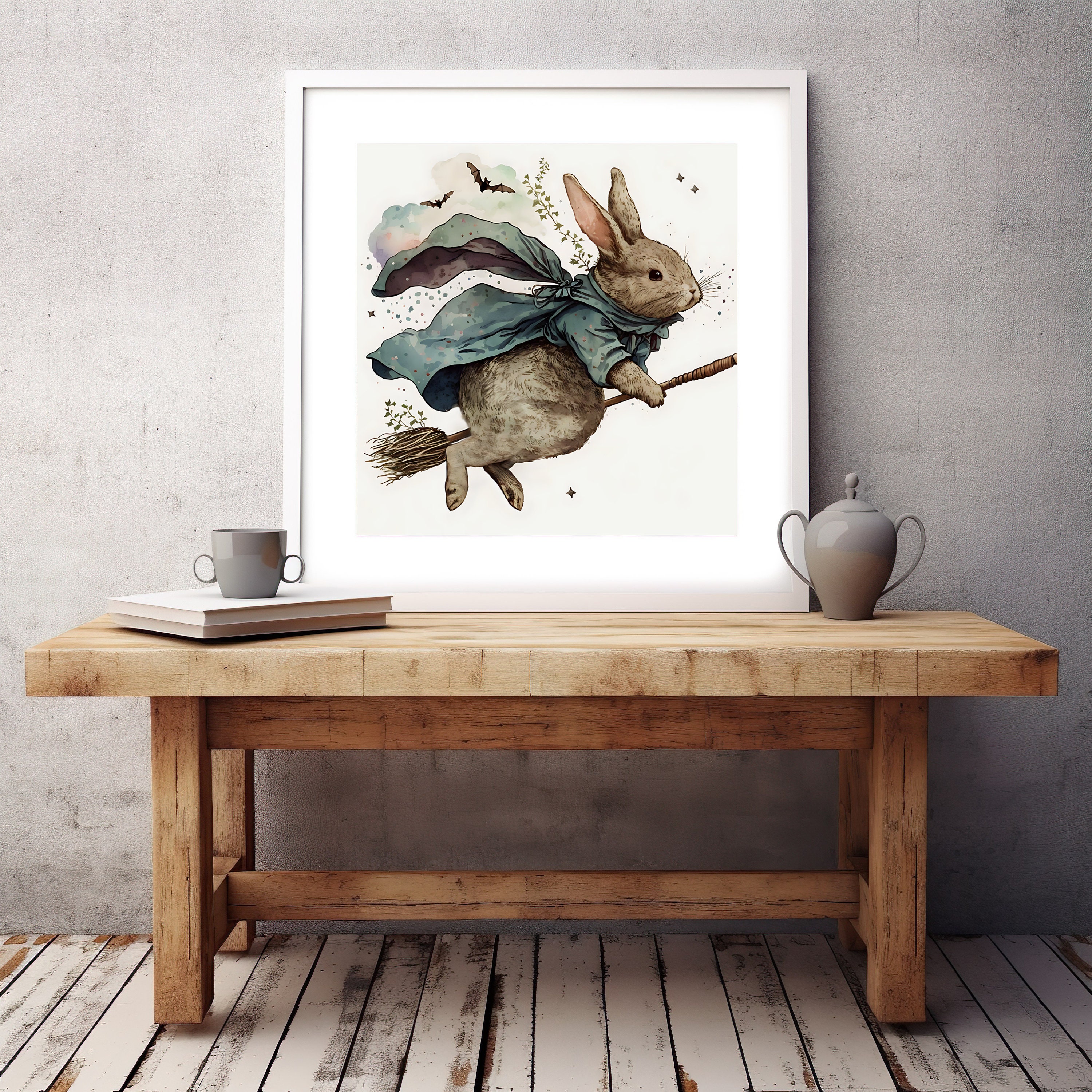 Bunny Rabbit Witch on a Broomstick Wall Art Whimsical - Etsy