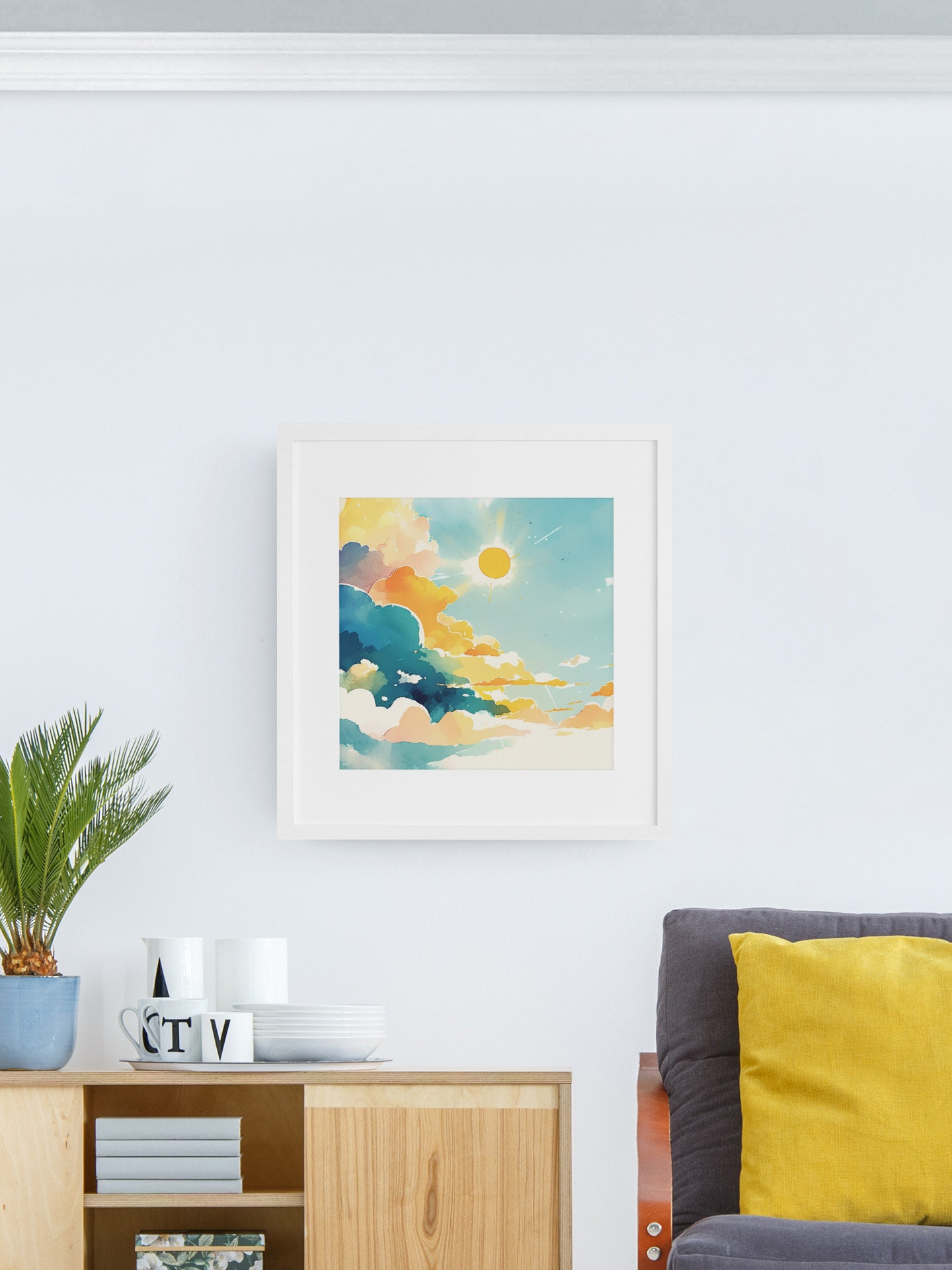 Watercolor Sunny Sky Decor, Summer Sunshine Day Wall Art, Clouds on a ...