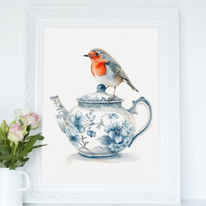 Robin Bird on A Teapot Wall Art, Whimsical Winter Bird Illustration ...