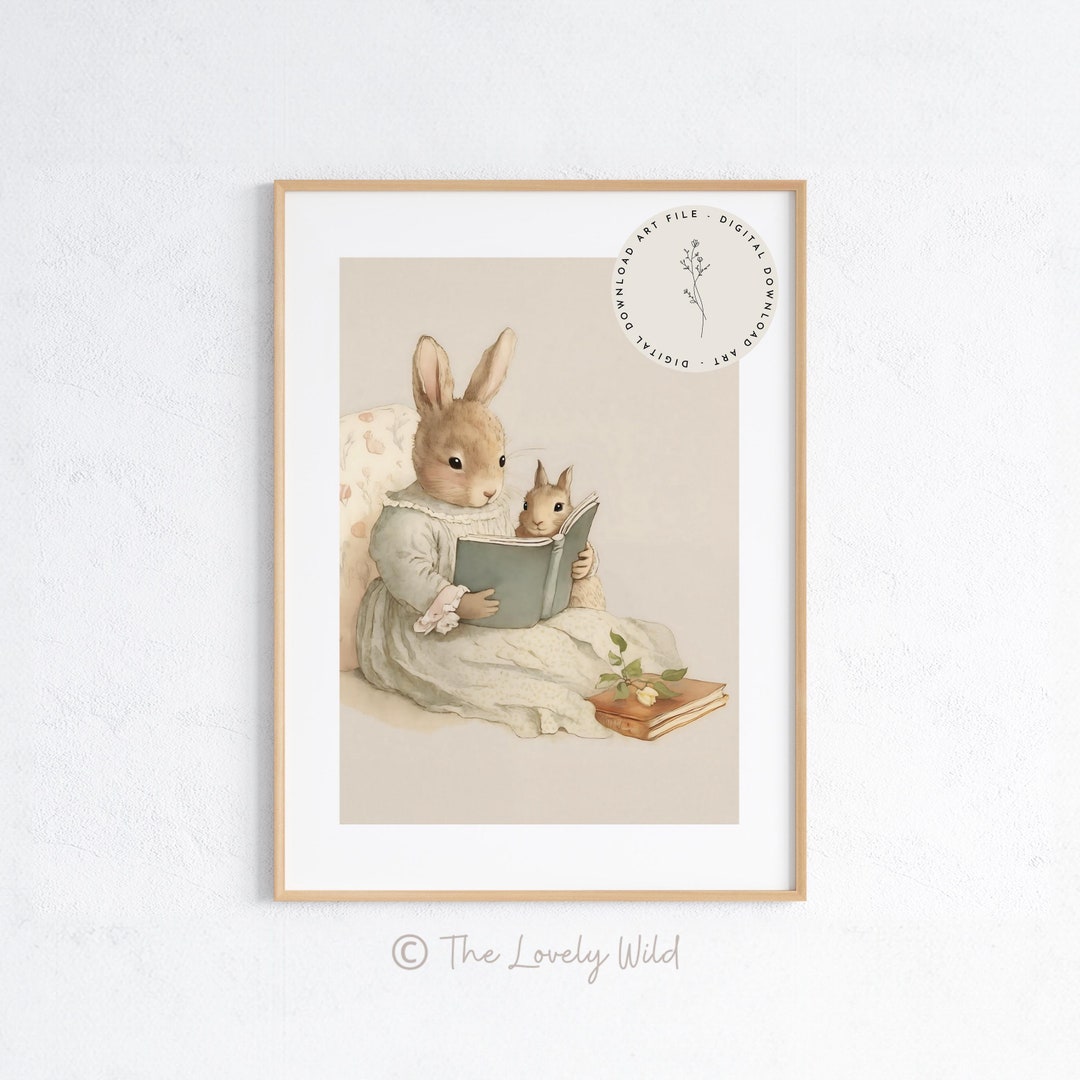Mother Bunny Rabbit Reading to Baby Wall Art, Softness Watercolor Art ...