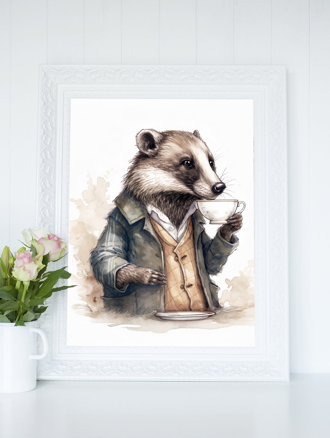 Badger Drinking a Cup of Tea Wall Art Print, Softness Watercolor ...