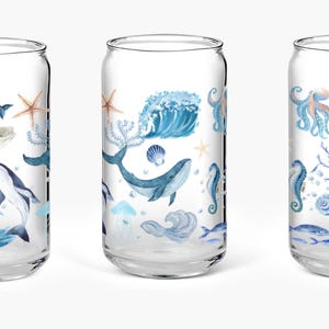 Sea Life Iced Coffee Cup, 16oz Glass Sipper Cup, Coastal Ocean Animals ...