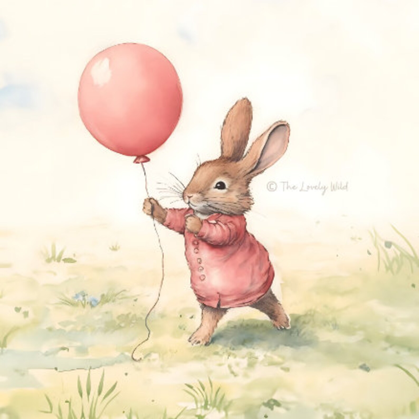 Bunny Playing With Balloon Wall Art Cottagecore Nursery Decor - Etsy