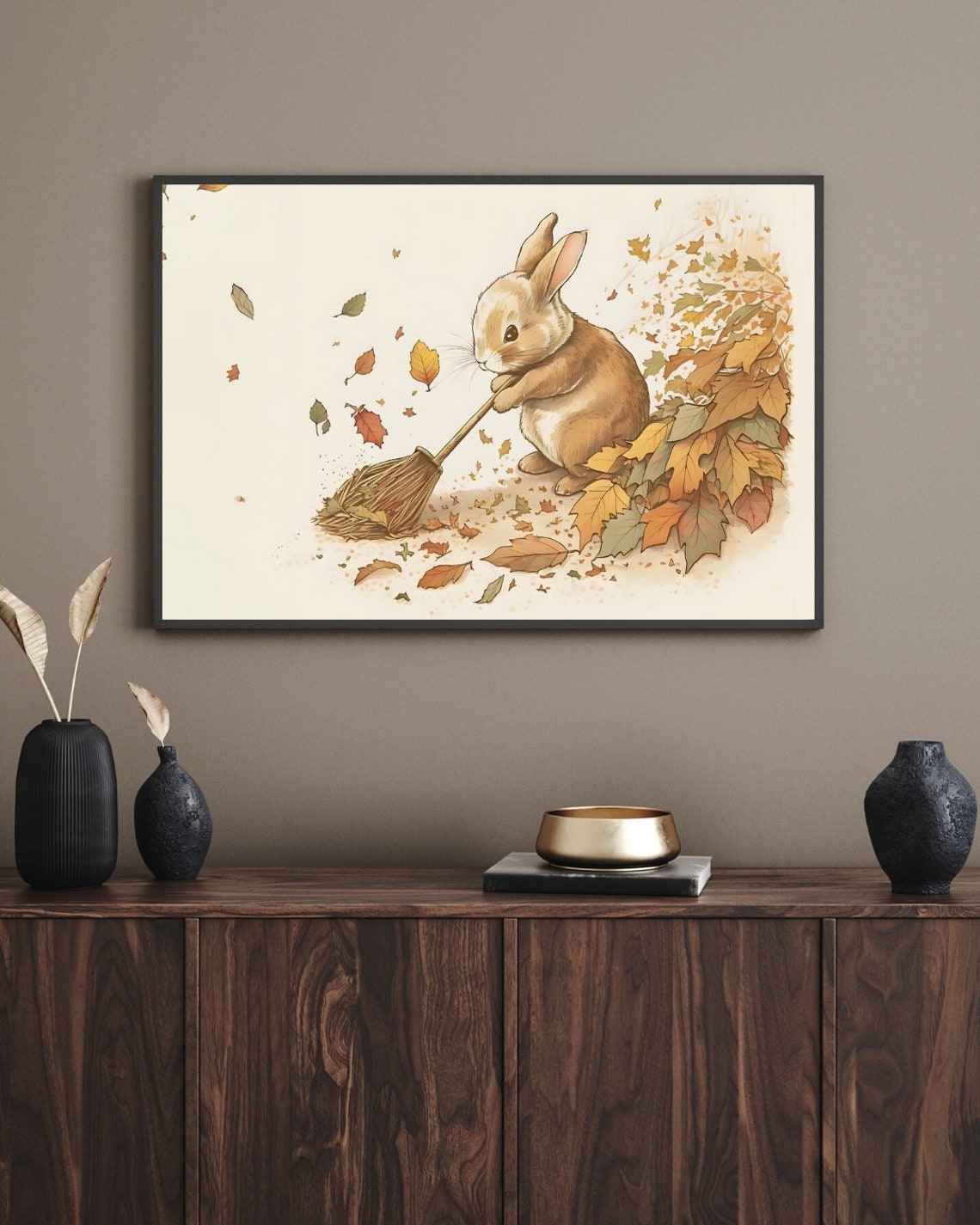 Bunny Rabbit Sweeping Autumn Leaves Wall Art Softness Nursery - Etsy