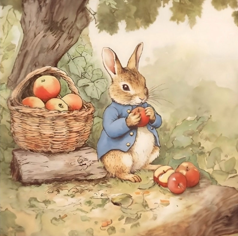 Bunny Rabbit Picking Apples Art Print Softness Wall - Etsy