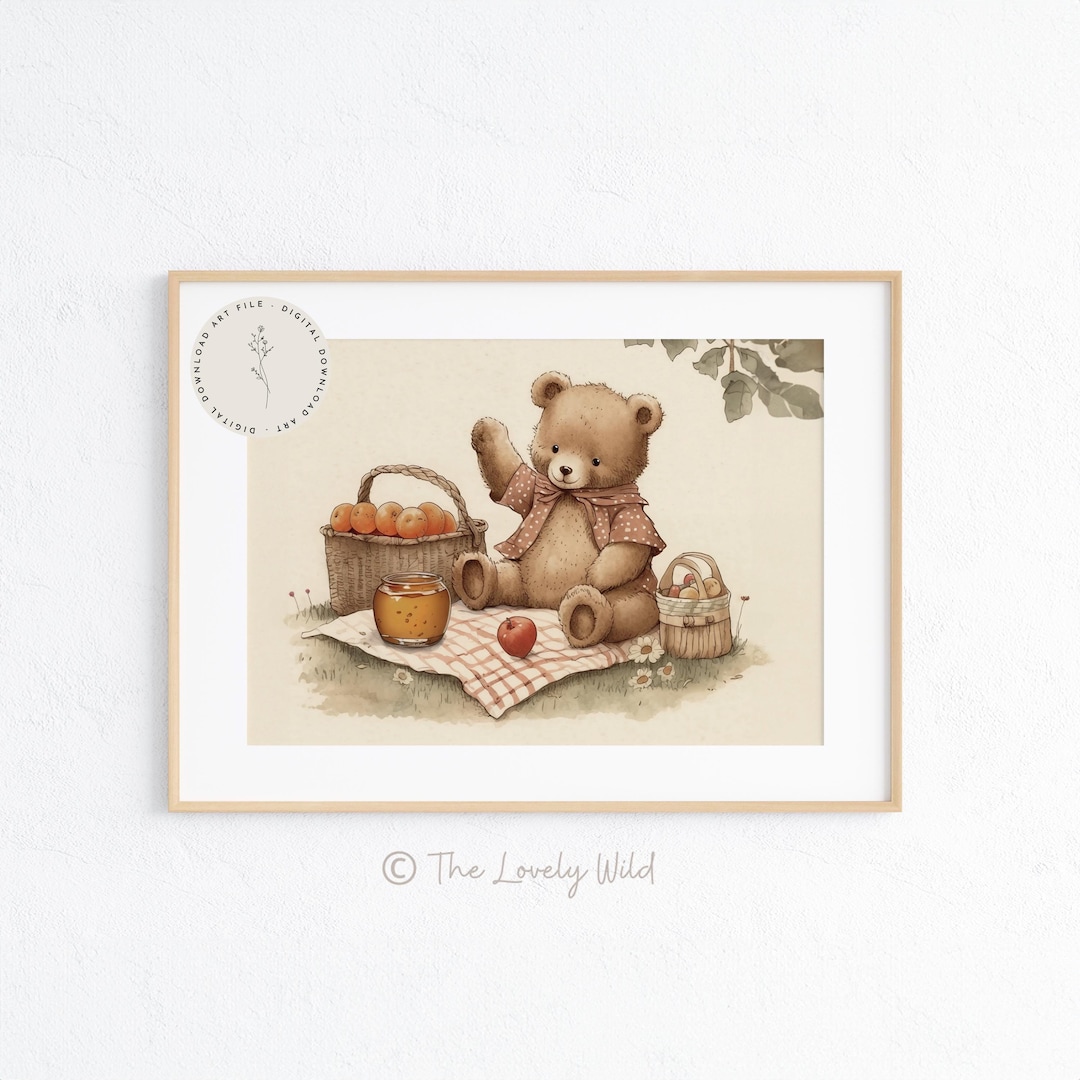 Cute Teddy Bear Picnic Wall Art, Watercolor Illustration Printable ...