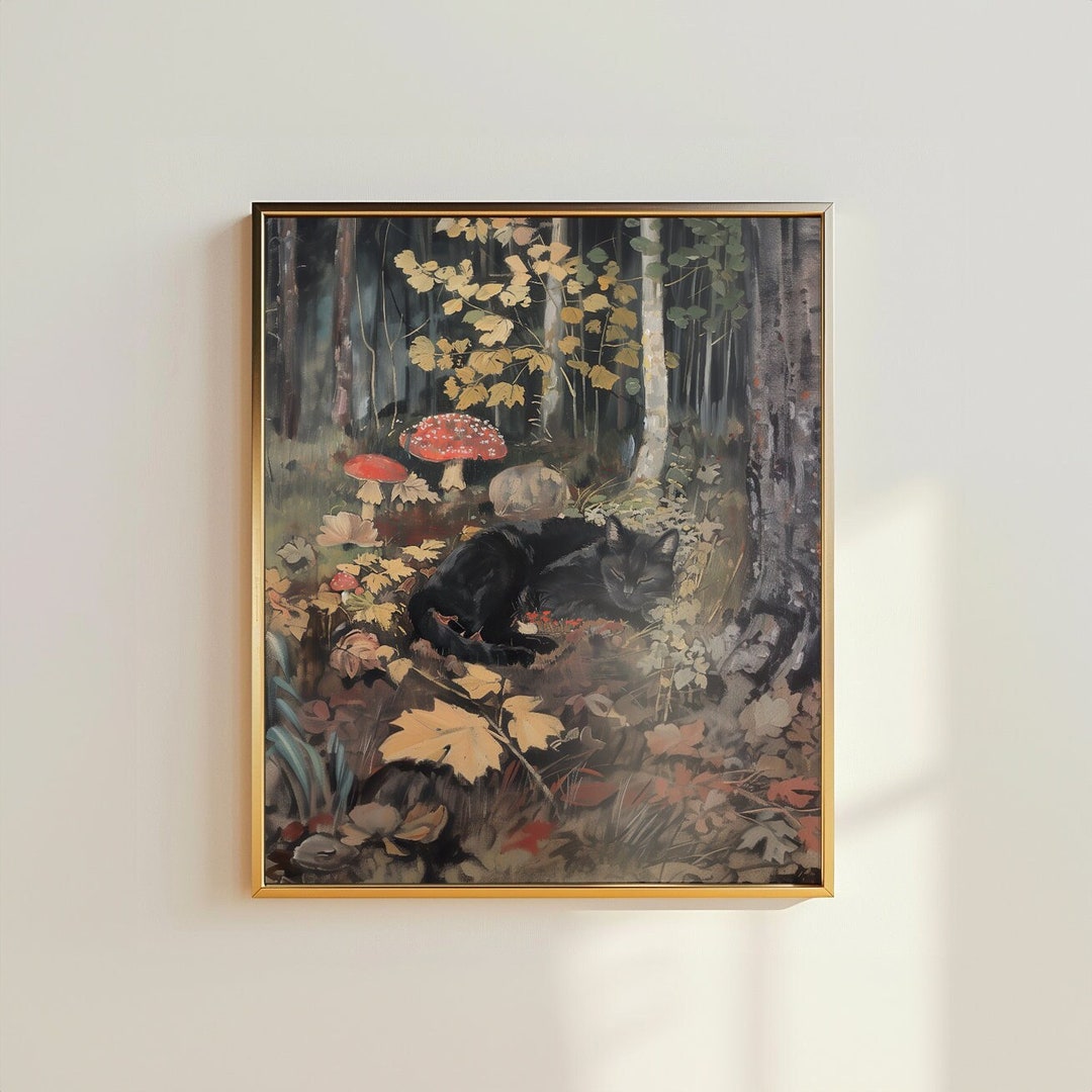Autumnal Black Cat Fall Leaves Wall Art, Softness Woodland Art Prints ...