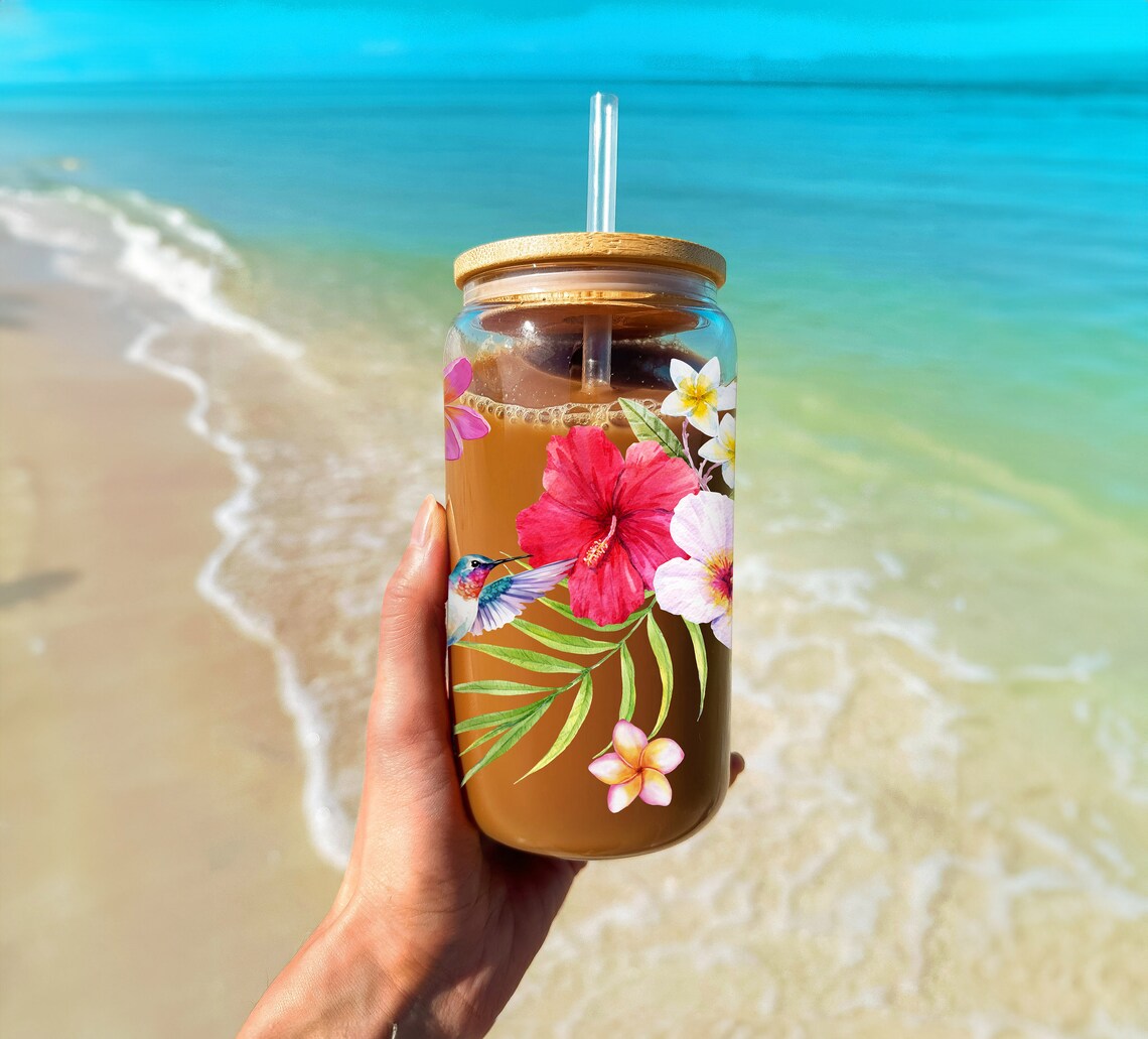 Hibiscus Flower Iced Coffee Cup, 16oz Glass Sipper Cup, Soda Can Glass ...