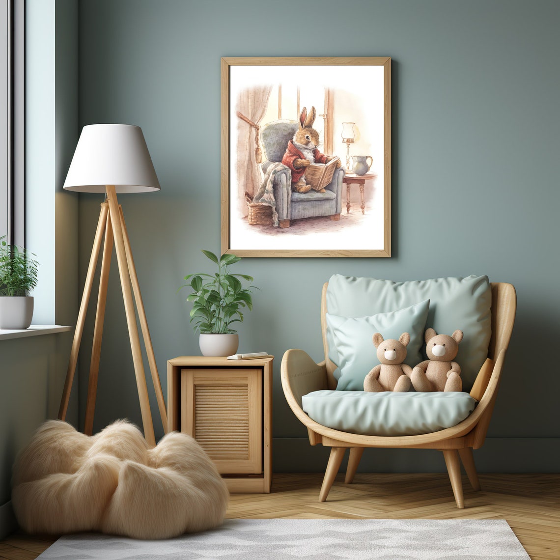Bunny Rabbit in A Cozy Reading Nook Wall Art Softness Nursery - Etsy