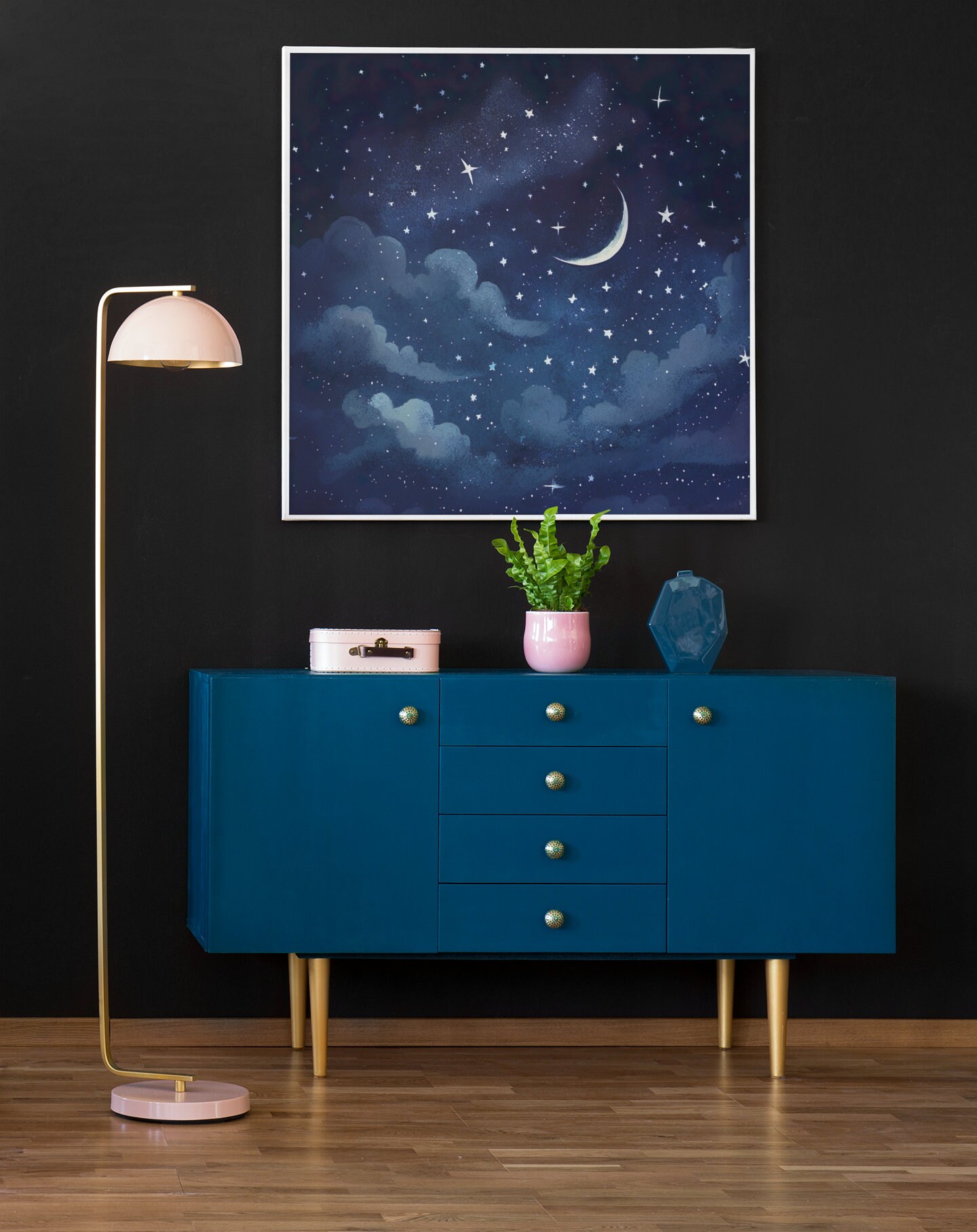 Watercolor Night Sky Decor, Nursery Starry Night Wall Art, Crescent ...