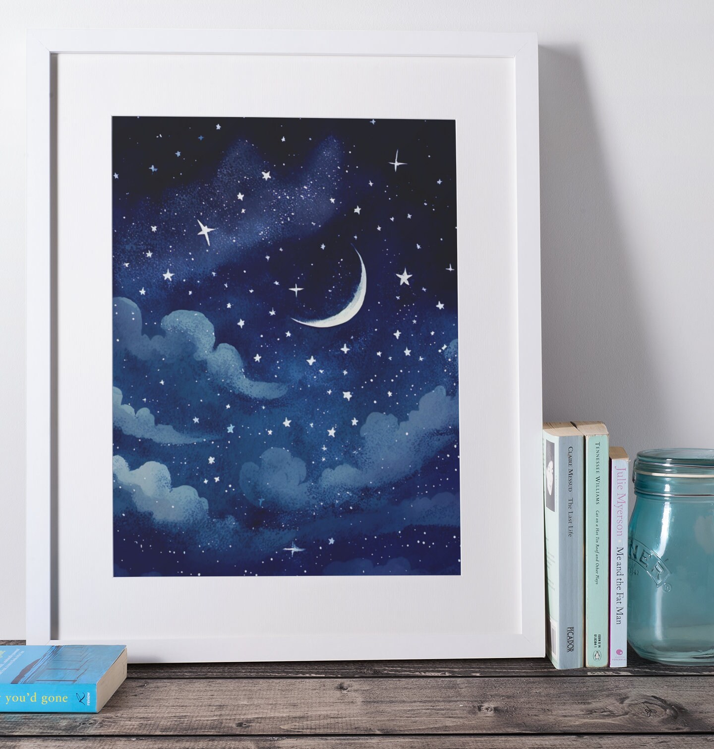Watercolor Night Sky Decor, Nursery Starry Night Wall Art, Crescent ...